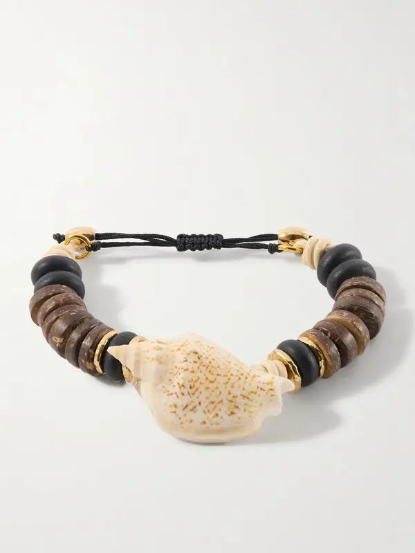 Tohum Design Gold-plated, Leather And Seashell Beaded Bracelet - Brown