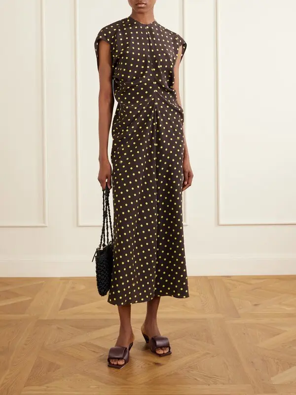 Marni Ruched Polka-dot Silk-blend Midi Dress