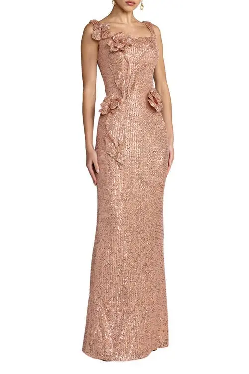Mac Duggal Sleeveless Sequin Column Gown With 3d Flowers