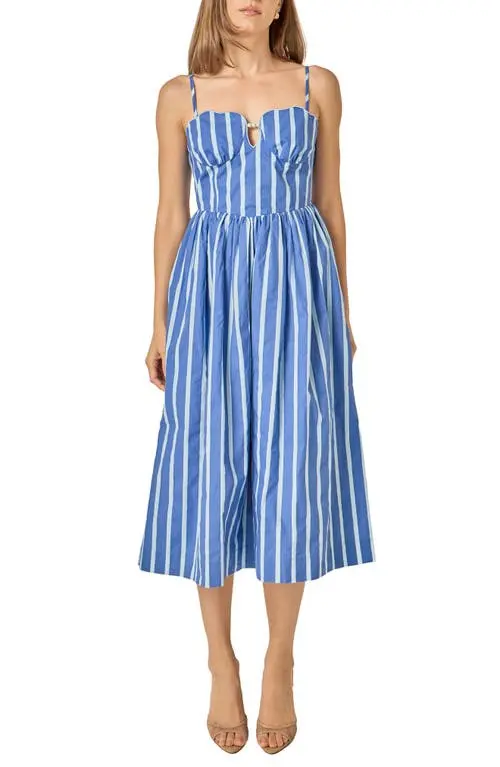English Factory Sleeveless Sweetheart Neck Midi Dress With Smocked Back - Blue Stripes