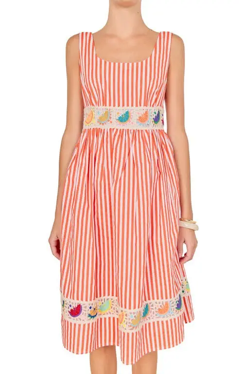 English Factory Sleeveless Striped Crochet Trim Dress