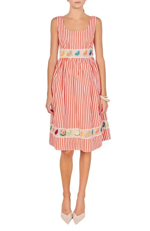 English Factory Sleeveless Striped Crochet Trim Dress - Orange Multi