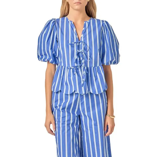 English Factory Stripe Tie Front Puff Sleeve Top