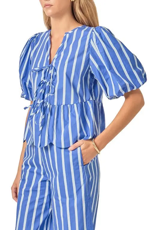 English Factory Stripe Tie Front Puff Sleeve Top