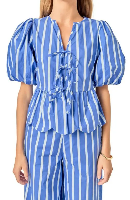 English Factory Stripe Tie Front Puff Sleeve Top