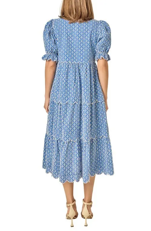English Factory Scalloped Print Cotton Midi Dress
