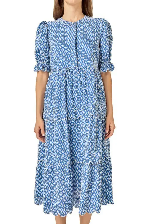 English Factory Scalloped Print Cotton Midi Dress
