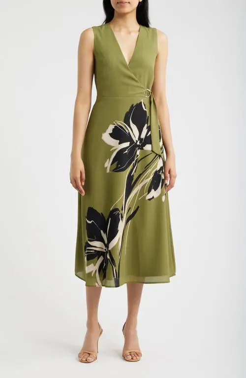 Anne Klein Sleeveless Faux Wrap Midi Dress - Bay Leaf Multi