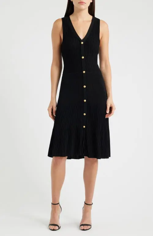 Kobi Halperin Tessa Sleeveless Ribbed V-neck Button-up Midi Sweater Dress - Black
