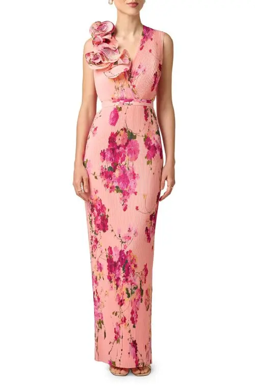 Aidan Mattox Print Plissé Sleeveless Gown - Pink Multi