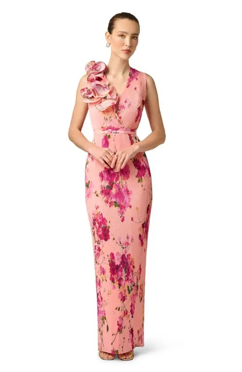 Aidan Mattox Print Plissé Sleeveless Gown