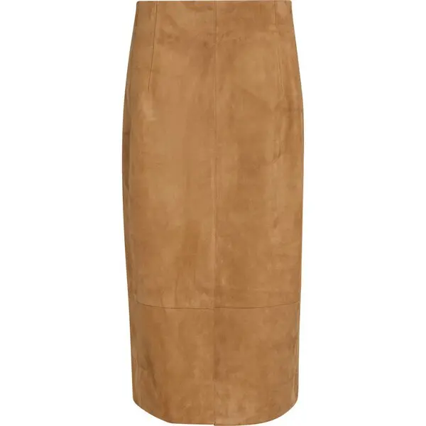 Akris Front Slit Suede Pencil Skirt - Camel