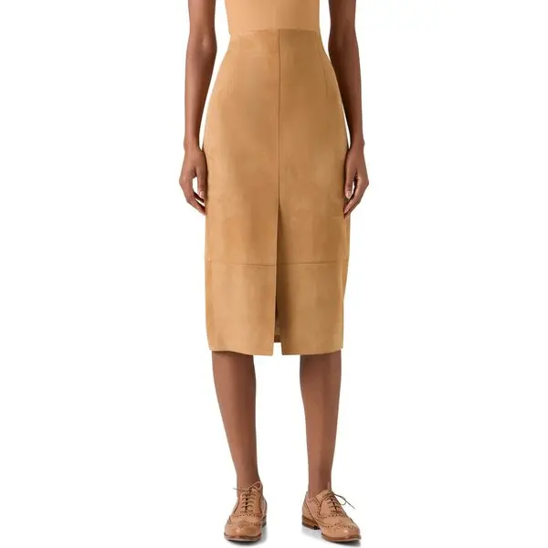Akris Suede Pencil Skirt With Front Slit - Camel