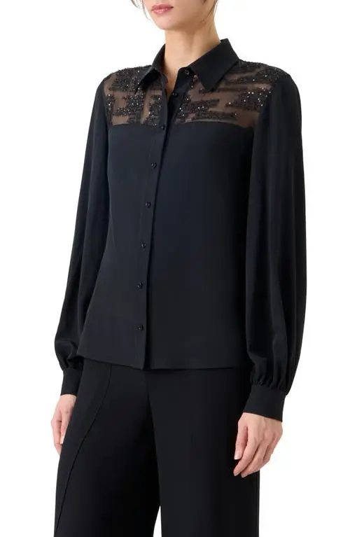 Akris Sequin Yoke Silk Crepe Button-up Shirt
