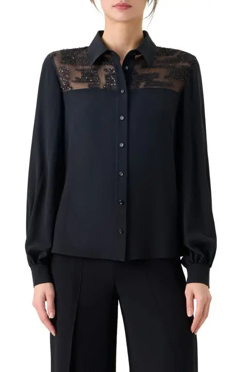 Akris Sequin Yoke Silk Crepe Shirt - Black