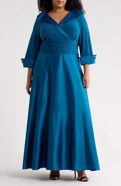 JESSICA HOWARD Rhinestone Button Mixed Media Gown - Peacock