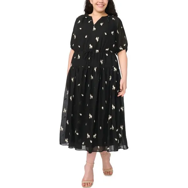 CECE DUPRAZ Print Tie Waist Midi Dress - Rich Black