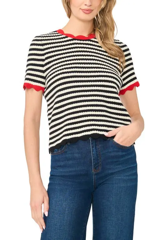CECE DUPRAZ Stripe Pointelle Crewneck Sweater With Scalloped Trim And Back Tie - Black