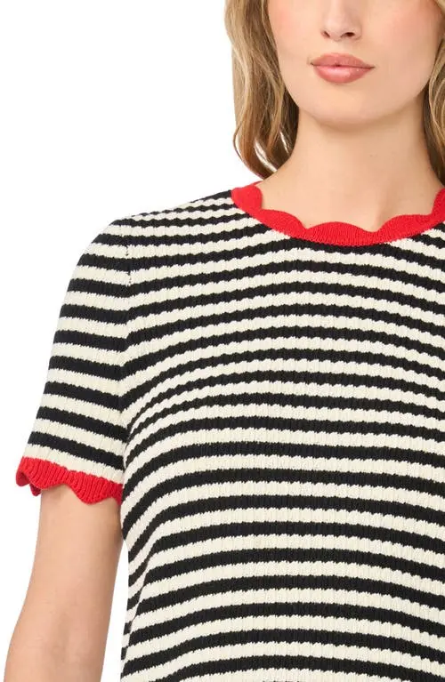 CECE DUPRAZ Stripe Pointelle Crewneck Sweater With Scalloped Trim And Back Tie