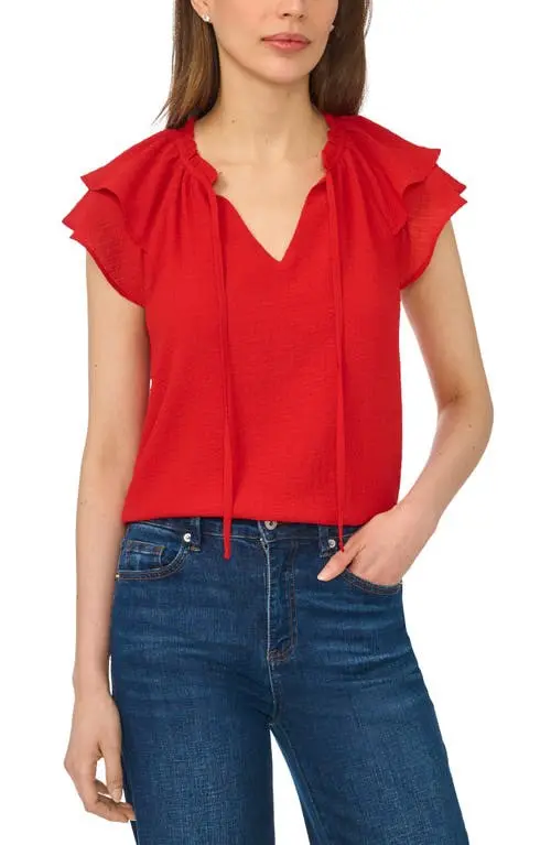 CECE DUPRAZ Fluttery Sleeve Tie Neck Top - Classic Cherry