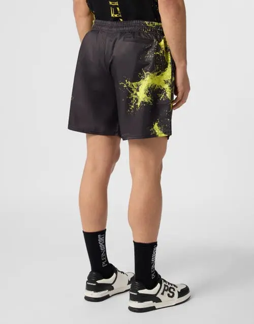 PLEIN SPORT Nylon Shorts With Graphic Splash Print - Black