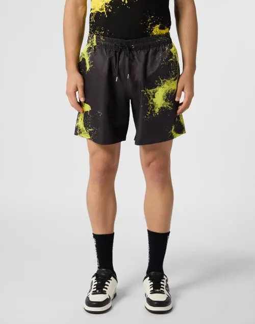 PLEIN SPORT Nylon Shorts With Graphic Splash Print - Black