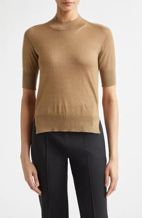 JIL SANDER Fine Knit Short Sleeve Mock Neck Sweater In Cashmere, Virgin Wool, And Silk - Sand