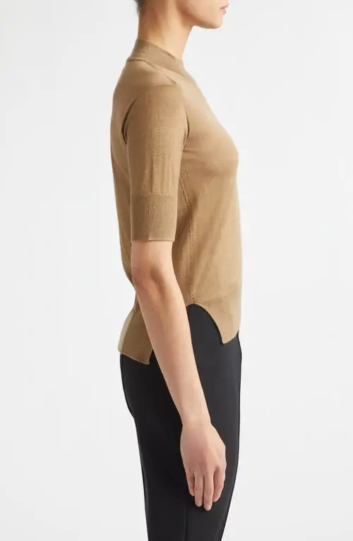 JIL SANDER Fine Knit Short Sleeve Mock Neck Sweater In Cashmere, Virgin Wool, And Silk - Sand