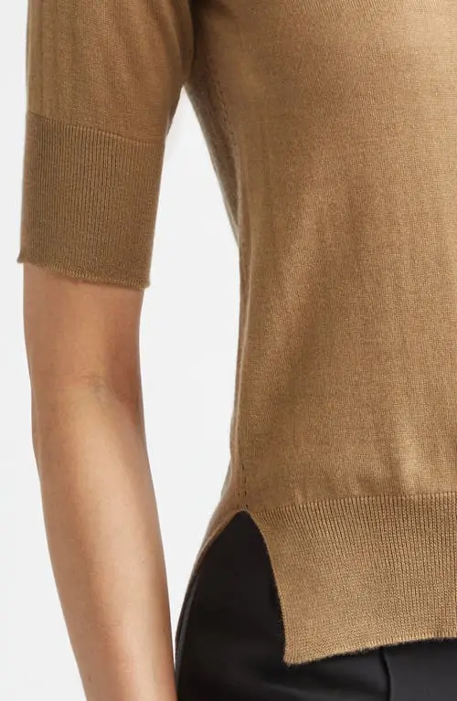 JIL SANDER Fine Knit Short Sleeve Mock Neck Sweater In Cashmere, Virgin Wool, And Silk - Sand