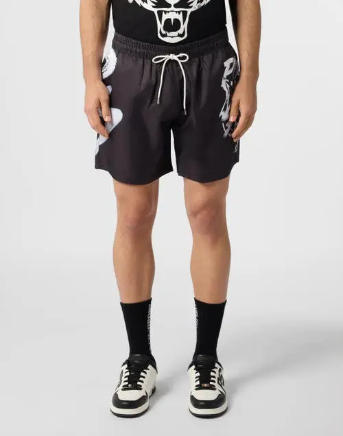 PLEIN SPORT Graphic Printed Nylon Shorts - Black