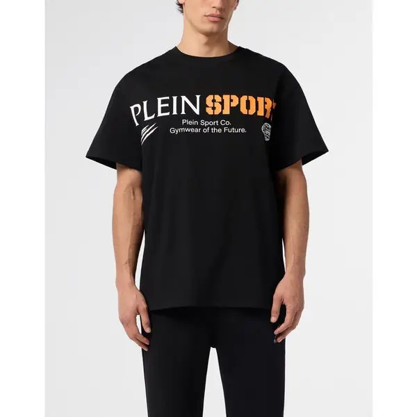 PLEIN SPORT Round Neck T-shirt Chest Logo - Black/orange