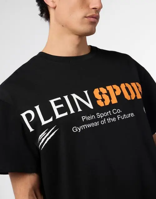 PLEIN SPORT Round Neck T-shirt Chest Logo - Black/orange