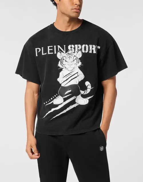 PLEIN SPORT Washed Fleece T-shirt Scratch Tiger - Black