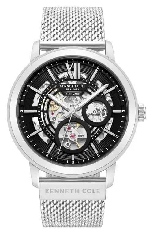 KENNETH COLE Pacific Skeleton Dial Automatic Mesh Strap Watch - Silver