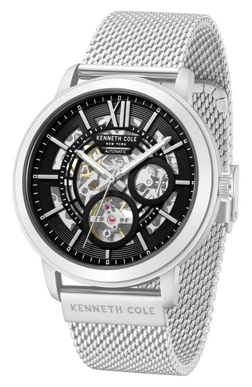 KENNETH COLE Pacific Skeleton Dial Automatic Mesh Strap Watch
