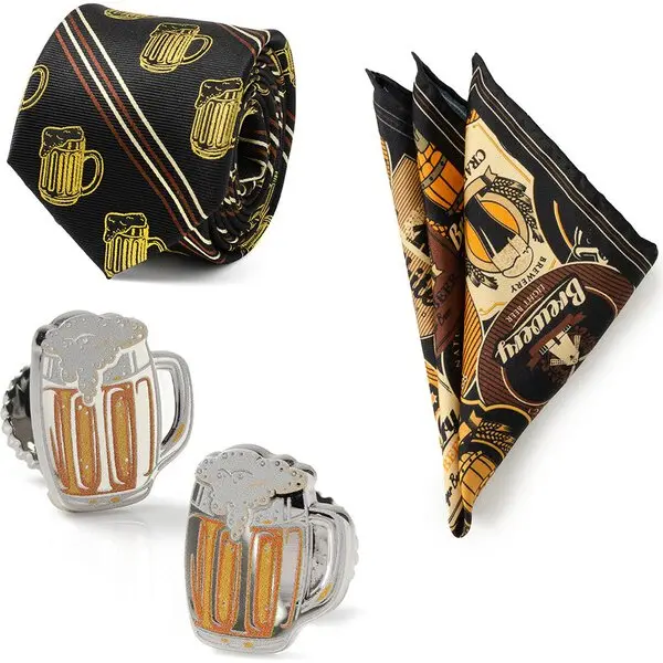 CUFFLINKS, INC. Beer Mug Themed Neck Tie, Pocket Square, And Set