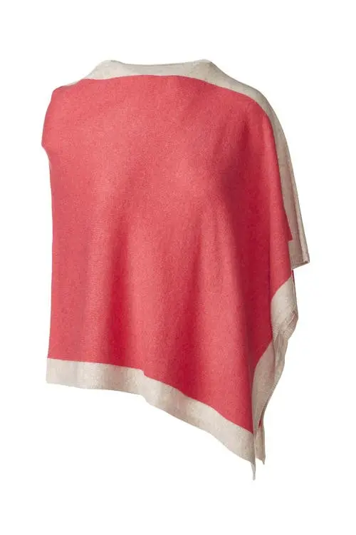 Kinross Cashmere Contrast Border Poncho - Geranium