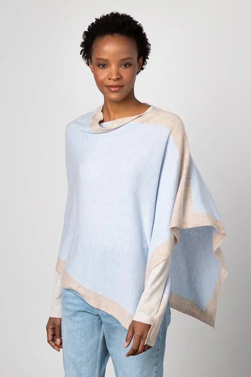 Kinross Cashmere Contrast Border Poncho - Geranium