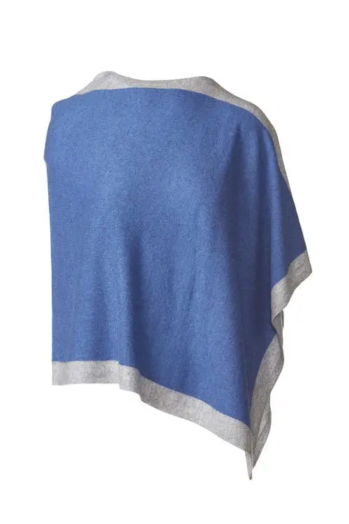 Kinross Cashmere Contrast Border Poncho - Indigo