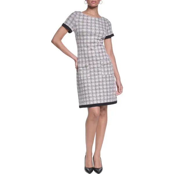 Karl Lagerfeld Windowpane Check Tweed Sheath Dress - Soft White/black Multi