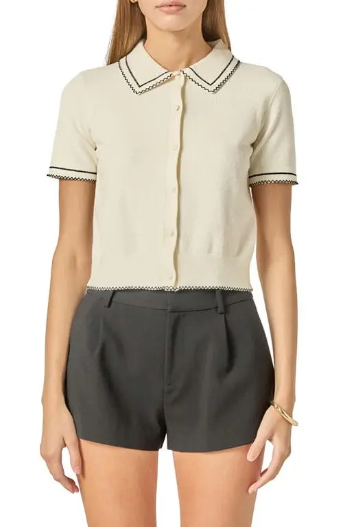 English Factory Contrast Stitch Button-up Sweater - Ivory