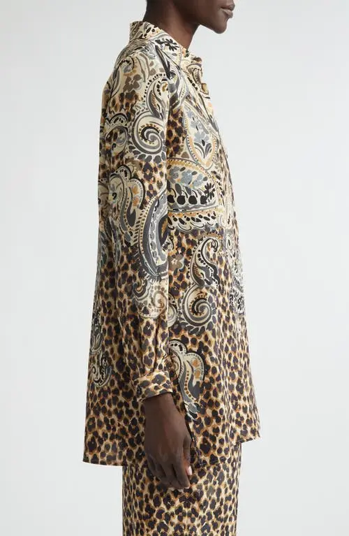 Etro Paisley & Leopard Print Silk Tunic Button-up Shirt