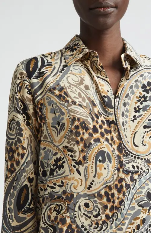 Etro Paisley & Leopard Print Silk Tunic Button-up Shirt