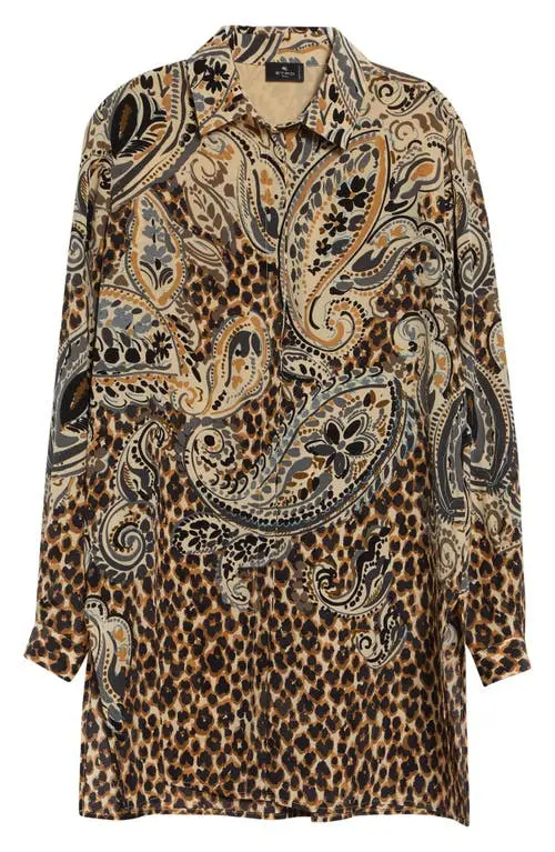 Etro Paisley & Leopard Print Silk Tunic Button-up Shirt