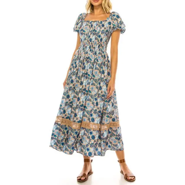 A COLLECTIVE STORY Floral Print Maxi Dress With Smocked Waist And Lace Trim - Hazelnut