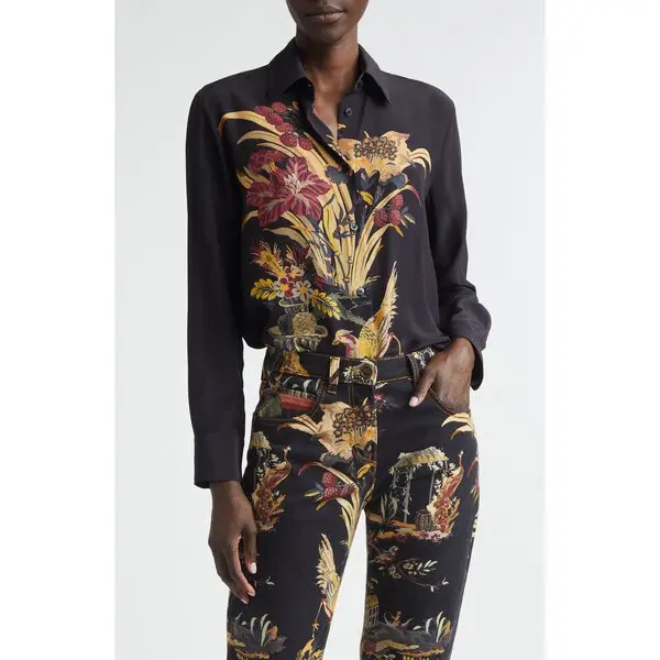 Etro Floral Silk Button-up Shirt - Black