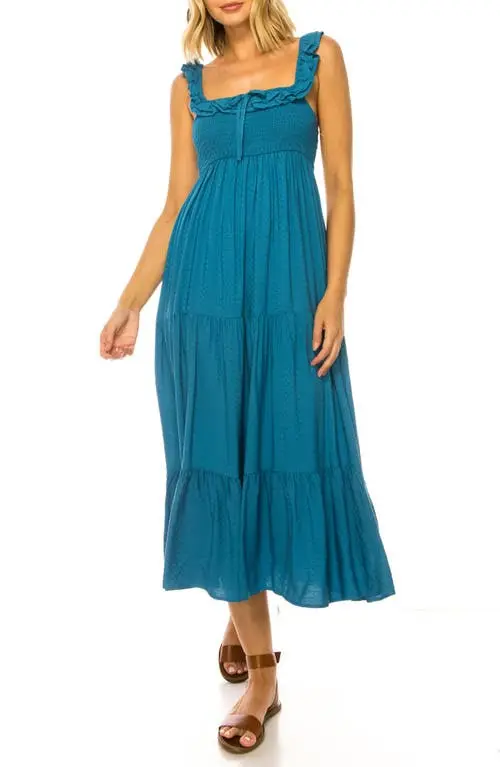 A COLLECTIVE STORY Ruffle Trim Swiss Dot Tiered Midi Dress - Faded Denim