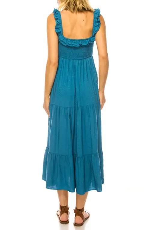 A COLLECTIVE STORY Ruffle Trim Swiss Dot Tiered Midi Dress - Faded Denim