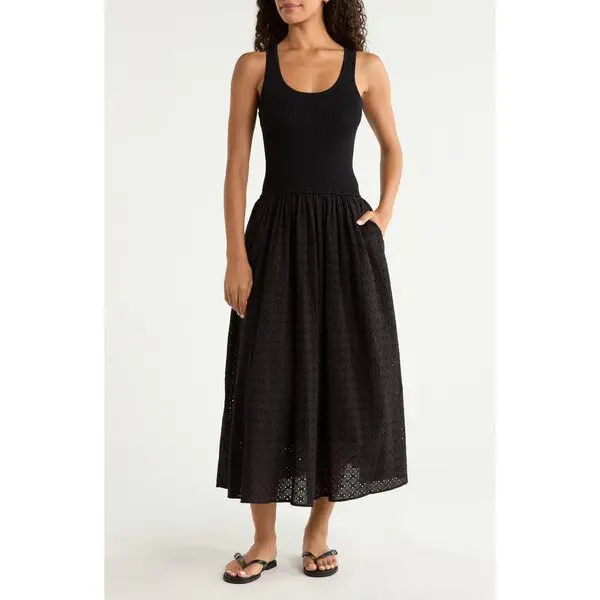 Elan Mixed Media Eyelet Maxi Cover-up Dress - Black