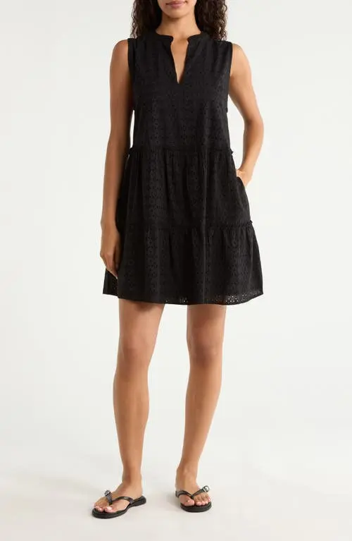 Elan Eyelet Embroidered Tiered Sleeveless Mini Dress - Black